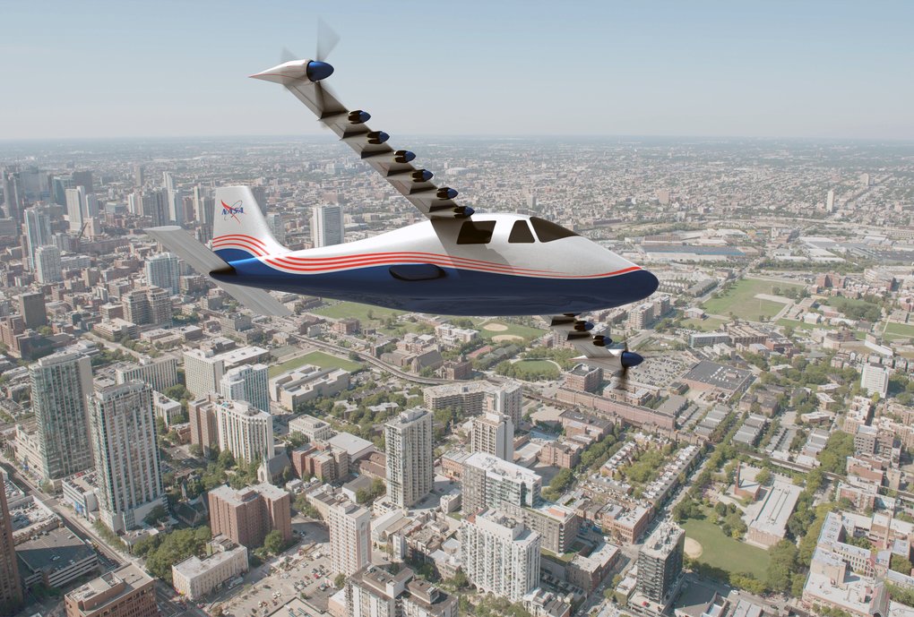 An artist's concept of NASA's X-57 Maxwell aircraft showing the plane's ...